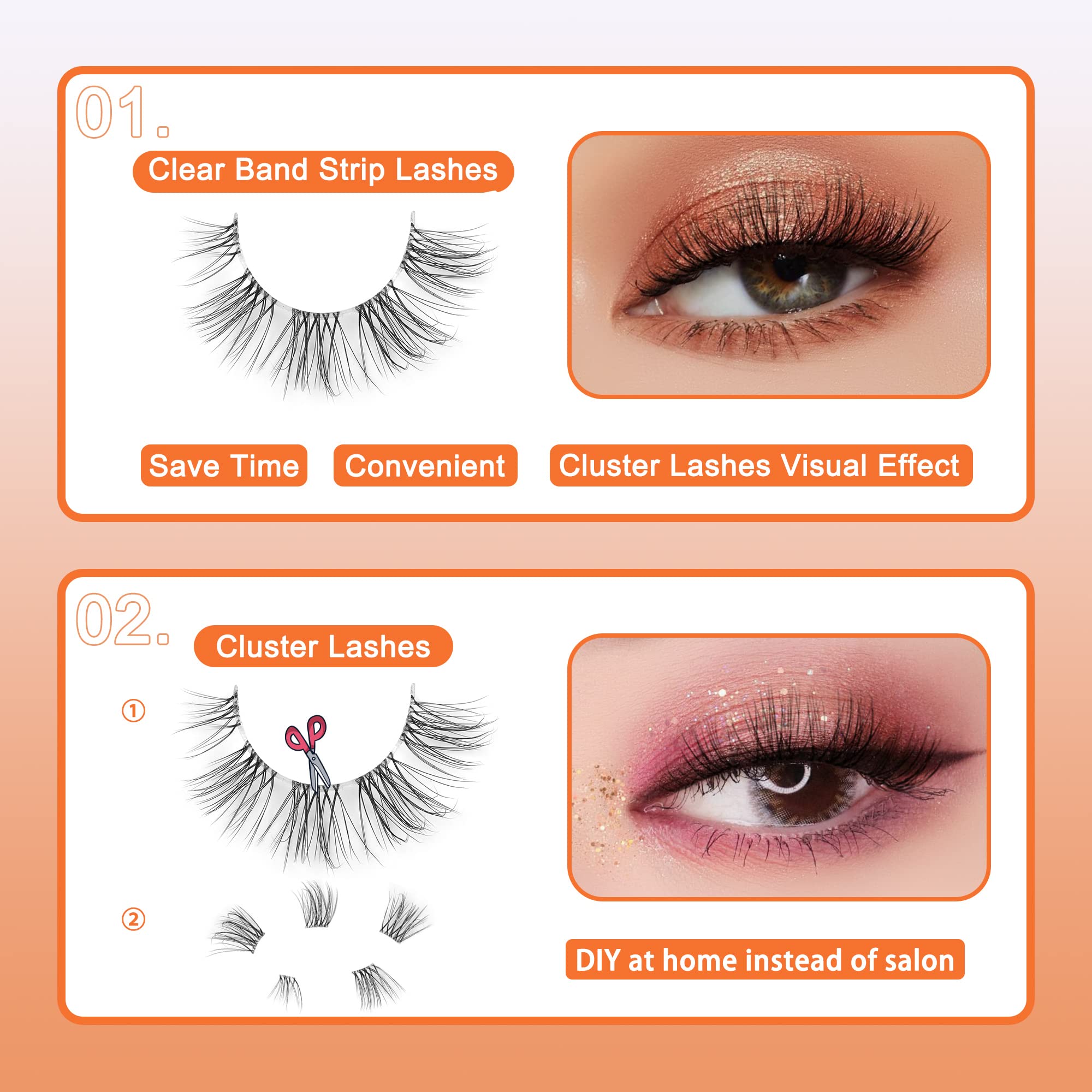 Cluster Lashes with Clear Band Fluffy False Eyelashes Natural Look Wispy Lashes Individual Lashes DIY Lash Extensions Natural False Lashes 8 Pairs
