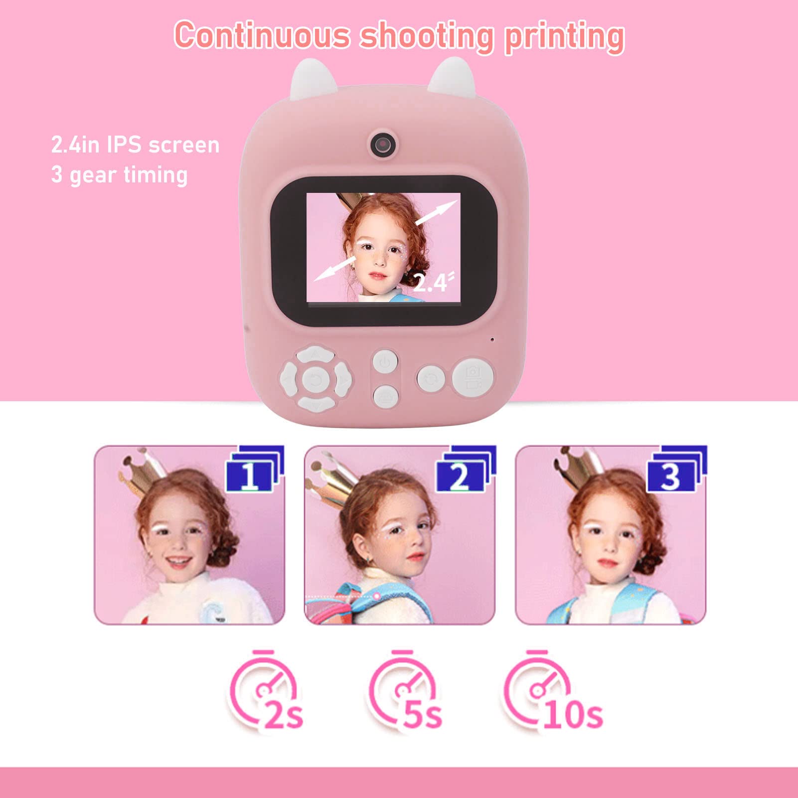 Camera, ABS Silicone Auto 2.4in 6 Filter Effects Kids Digital Camera 1080P Front and Rear Lens with Home Kits (Pink)