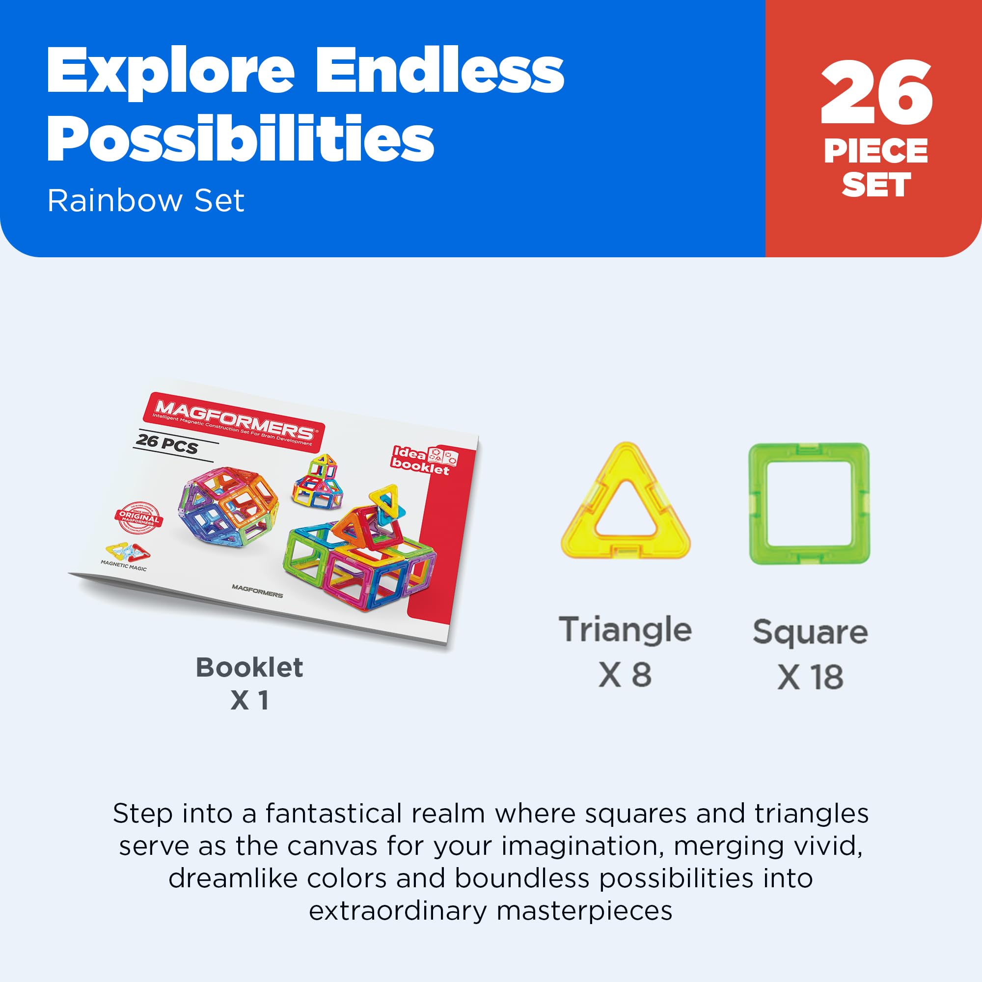 Magformers Rainbow 26PC Set | Magnetic Tiles Building Blocks, Educational STEM Toy Set | Magnetic Building Tiles for Kids to Develop Problem-Solving Abilities and Shape Recognition