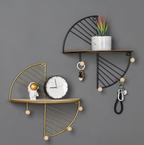 JOSON Bedroom Half Round Wall Mounted Floating Shelf for Bedroom, Living Room, Office Metal Geometric Hanging Shelf(Gold)