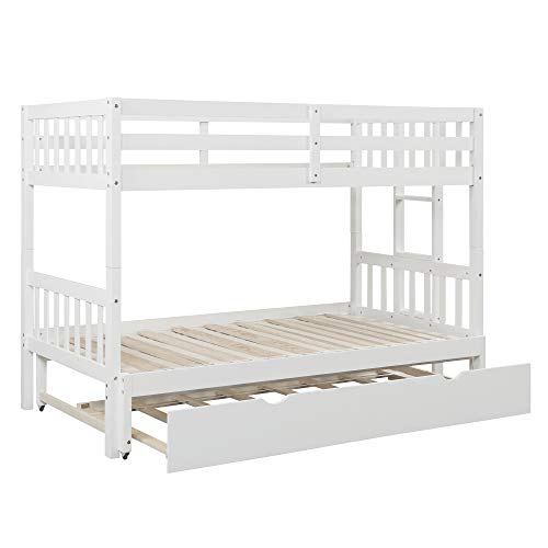 KLMM Twin Over Pull-Out Bunk Bed with Trundle, Wooden Twin Over Twin/Full/Queen/King Accommodate 4 People Extendable Bunk Beds with Ladder and Safety Rail (White)