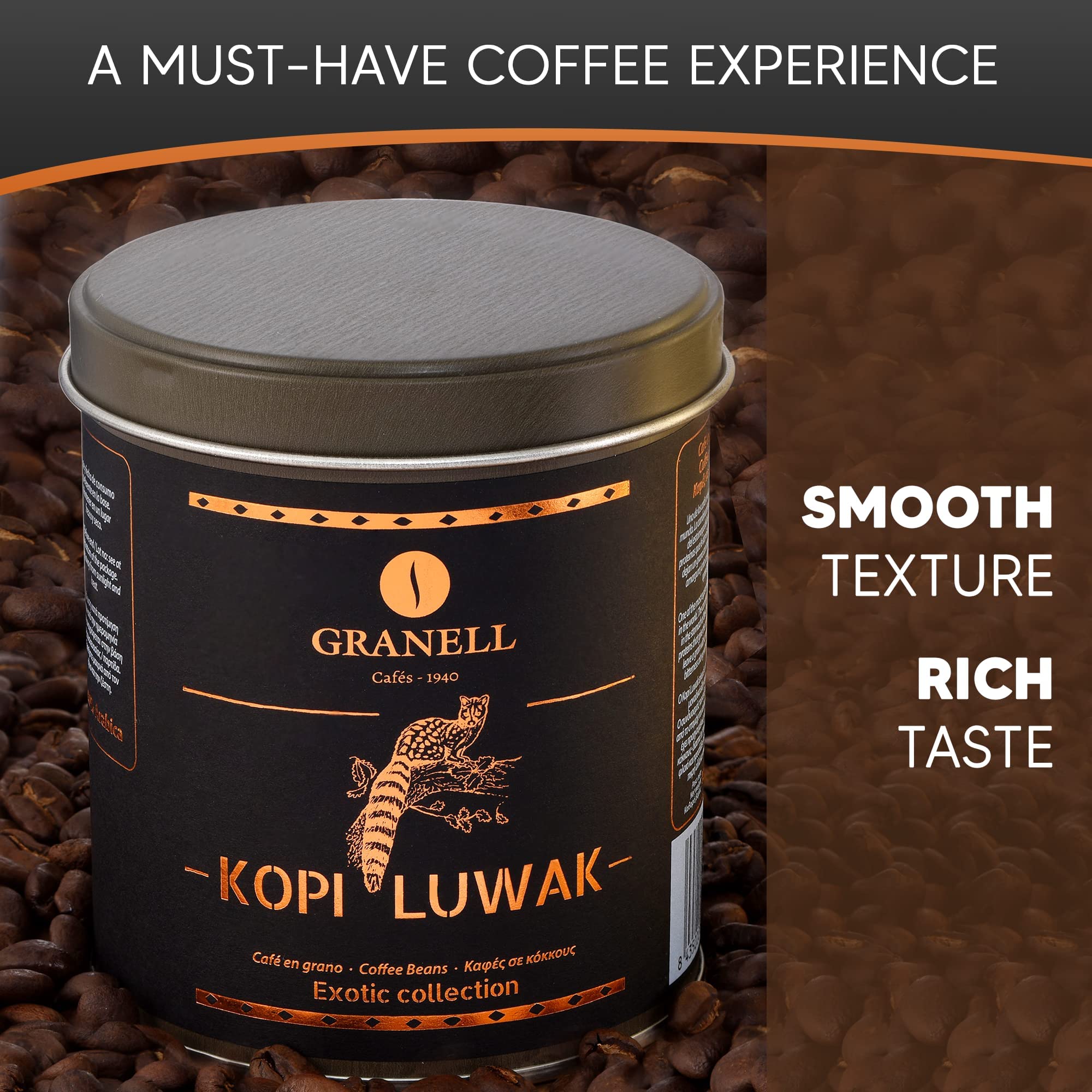 Cafés Granell Wild Civet Arabica Coffee Beans, Medium Roast Gourmet Indonesian Luwak Coffee Gifts, 100g