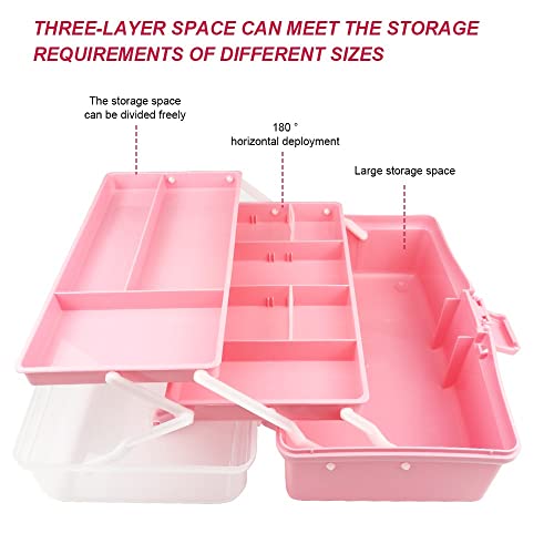 HengLiSam 12'' Three-Layer Clear Plastic Storage Case for Art Craft and Cosmetic, Multipurpose Organizer and Portable Handled Storage Box for Home, School, Office (Pink)