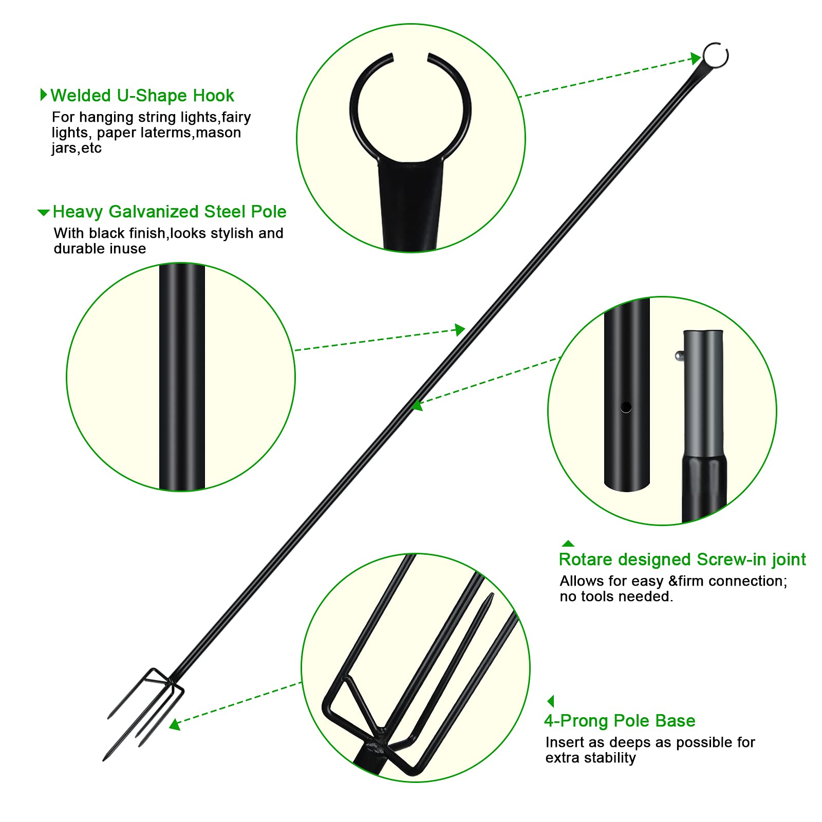 Xflism Outdoor 9FT Metal Poles with Hooks for Hanging String Lights 2 Pack - Garden, Backyard, Patio Lighting Stand for Parties, Wedding, Black