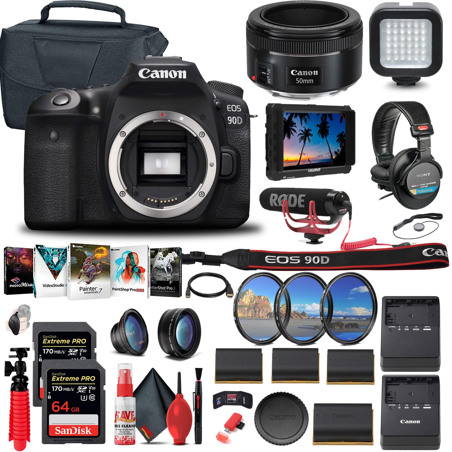 Canon EOS 90D DSLR Camera (Body Only) (3616C002) + 4K Monitor + Canon EF 50mm Lens + Pro Mic + Pro Headphones + 2 x 64GB Card + Case + Filter Kit + Corel Photo Software + More (Renewed)