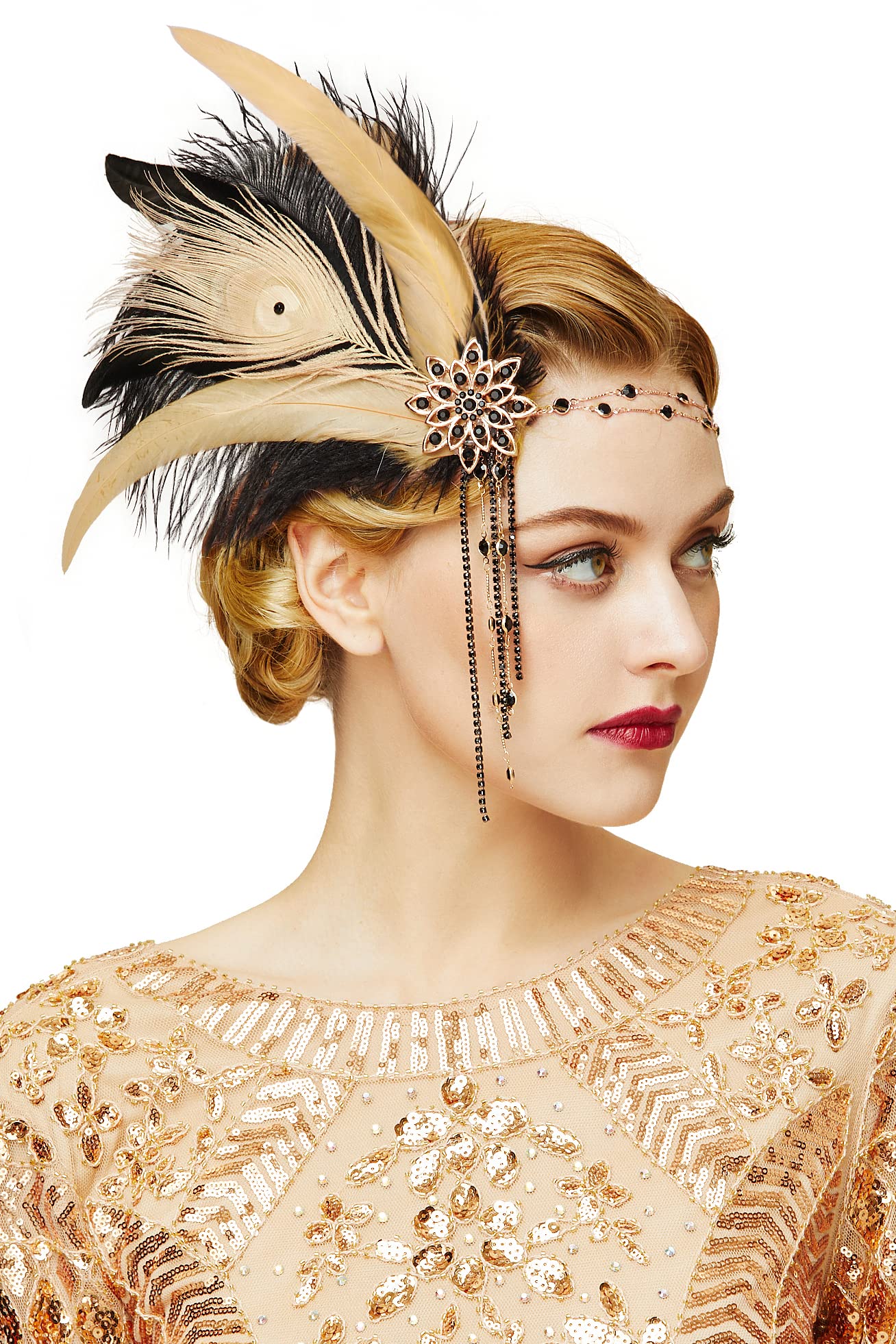 BABEYOND 1920s Women Feather Crystal Headband 20s Flapper Gatsby Headpiece