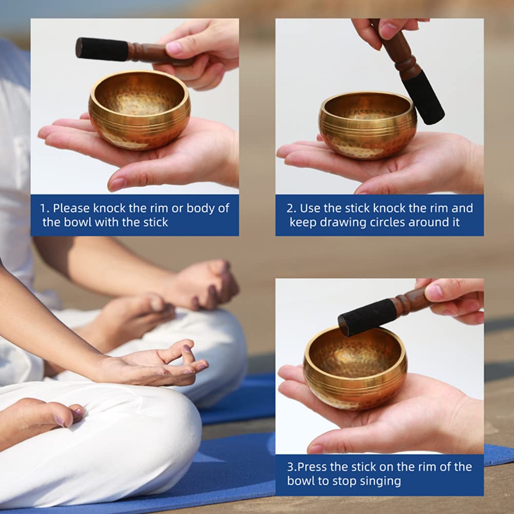 Biggo Tibetan Singing Bowl Set-Meditation Sound Bowl for Yoga,Mindfulness,Chakra Healing,Self-Regulation,Handcrafted(3.2Inch)