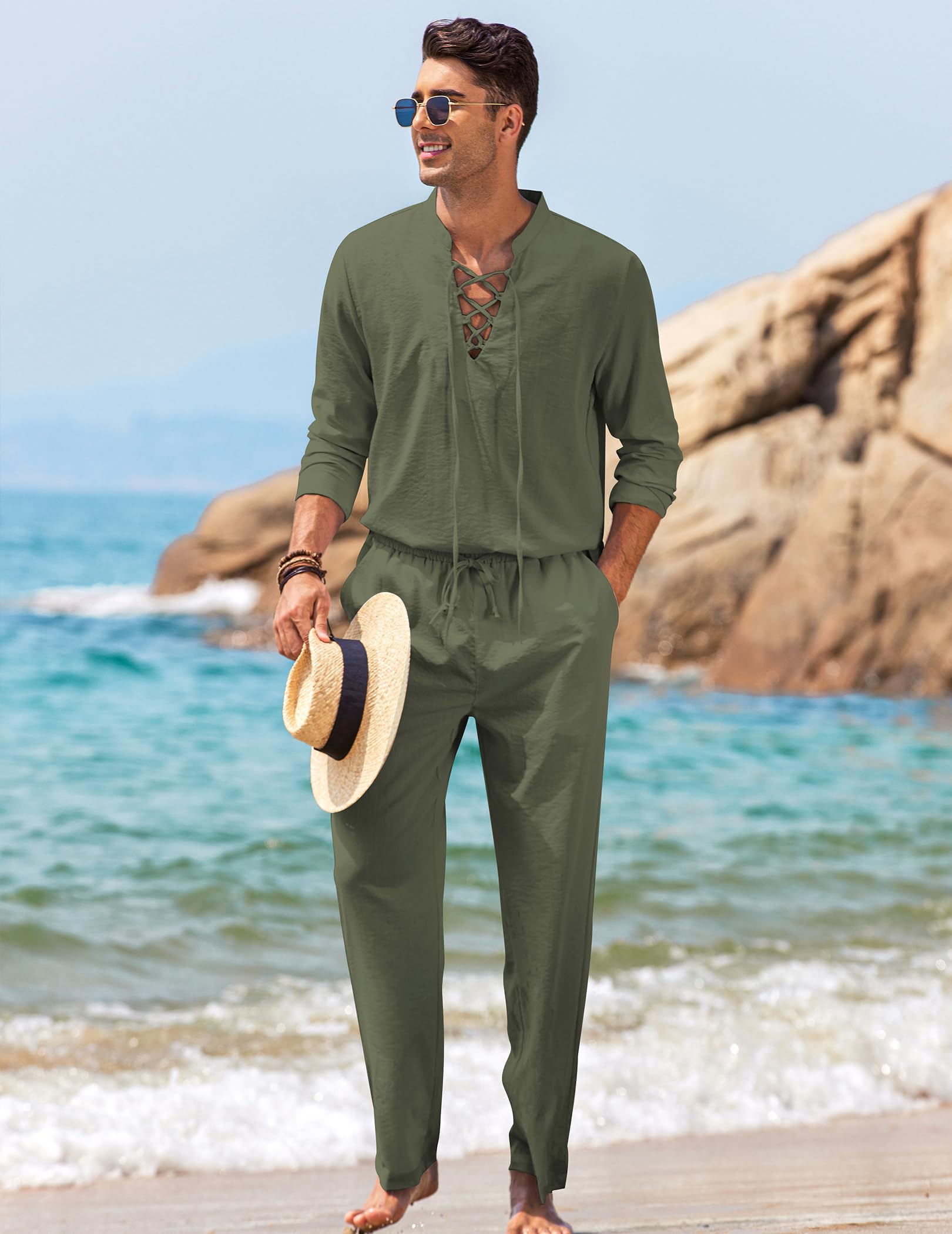 COOFANDY Men's 2 Piece Linen Sets Casual Long Sleeve Shirt and Loose Pants Set Beach Vacation Outfits, Army Green, Large