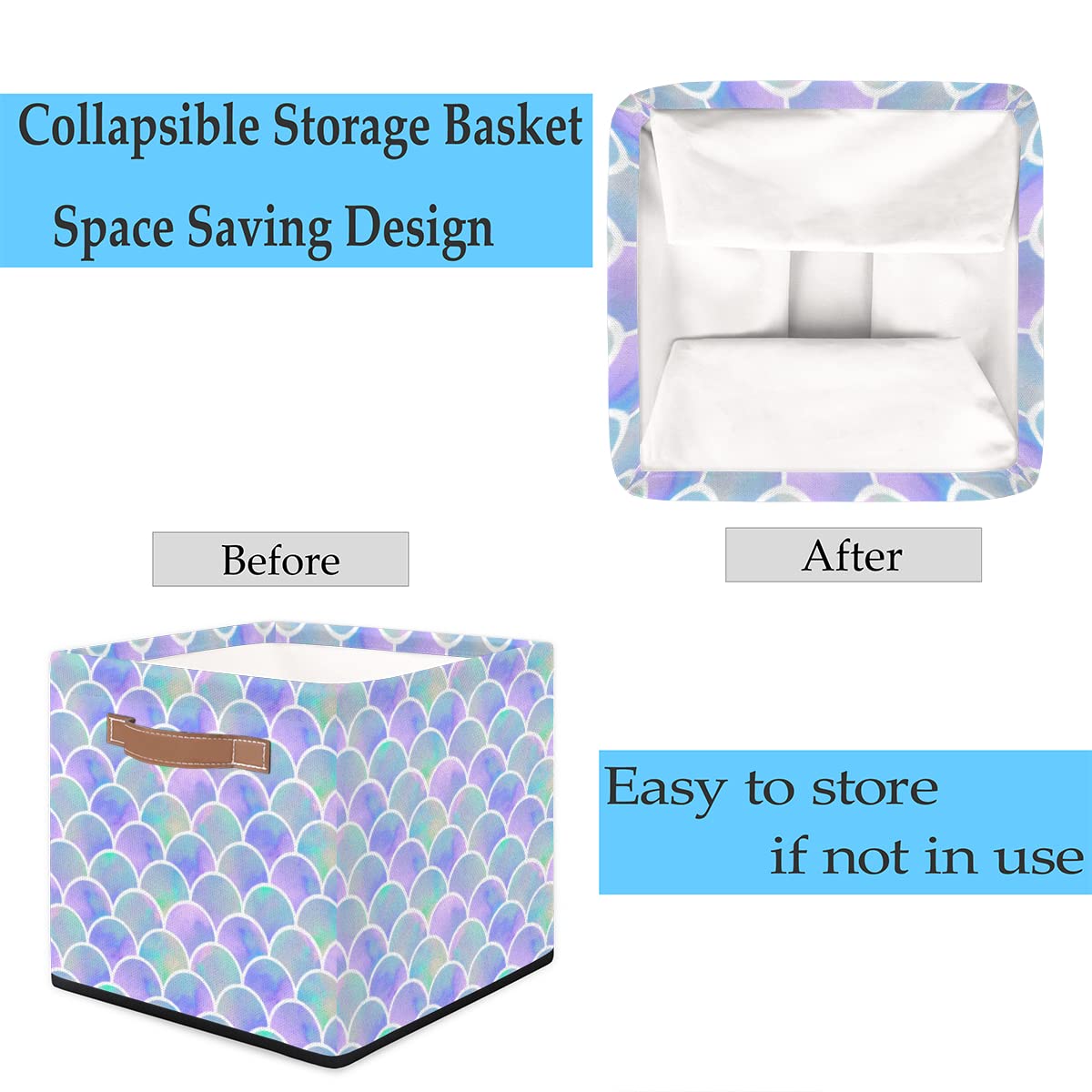 bisibuy 13x13x13 Storage Cube Bins Mermaid Fish Scale Gradient Fabric Storage Cubes 13 inch Collapsible Storage Bins Cubby Storage Baskets for Organizing Shelf Cabinet Bookcase Boxes