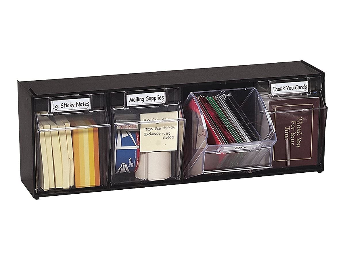 deflecto 20404OP Tilt Bin Plastic Storage System w/4 Bins, 23 5/8 x 6 5/8 x 8 1/8, Black