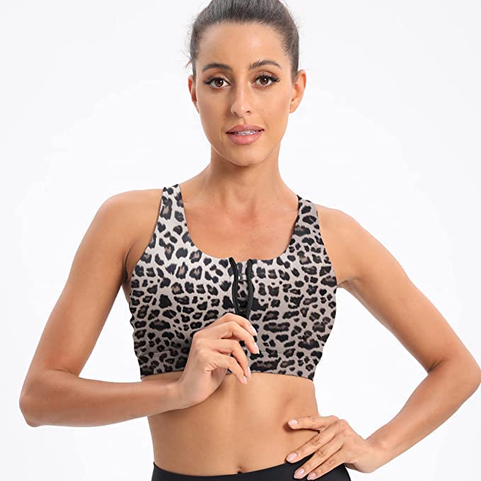 Cordaw Women Sports Bra Zipper Front Criss Cross Strappy Back Medium Impact Supportive Zip Up Bra-Leopard XXL