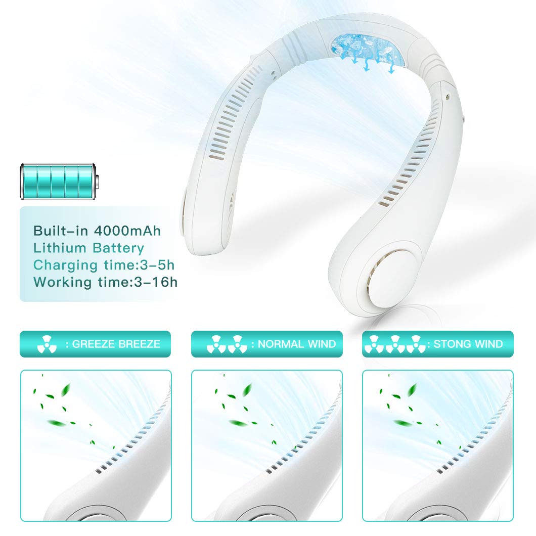 Kapkon Portable Hands Free Bladeless Neck Fan,Wearable Personal Air Conditioner Fan Built-in Refrigerating Chip,4000 mAn Battery Operated Personal Neck Fan, USB Rechargeable