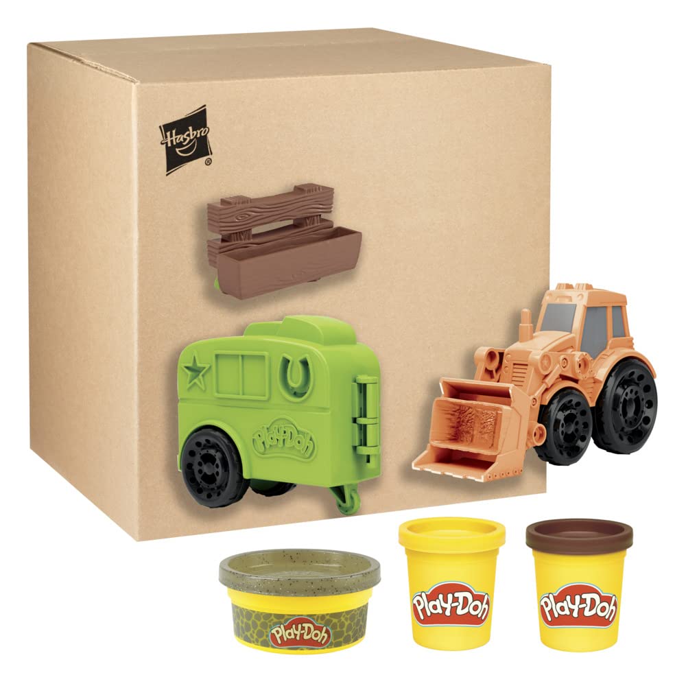 Play-Doh Wheels Tractor Farm Truck Toy for Kids 3 Years and Up with Horse Trailer Mold and 3 Cans of Non-Toxic Modeling Compound
