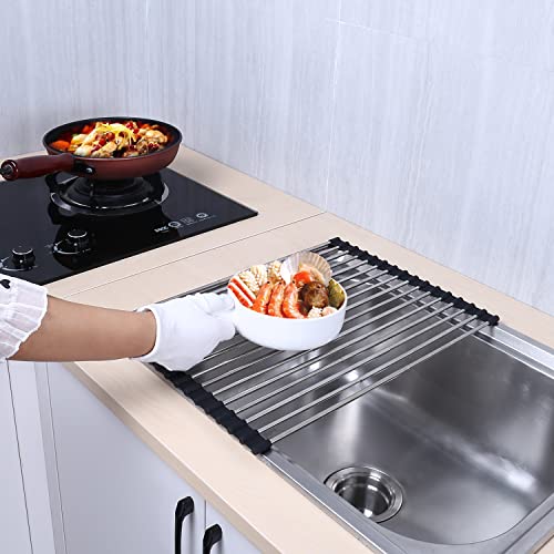 Expandable Roll up Dish Drying Rack for Kitchen from 11β to 20β, Foldable Over-The-Sink Dish Drying Rack Space-Saving, Multipurpose Rolling Rack for Sink with Large Capacity, 13''x(11''~20''), Gray