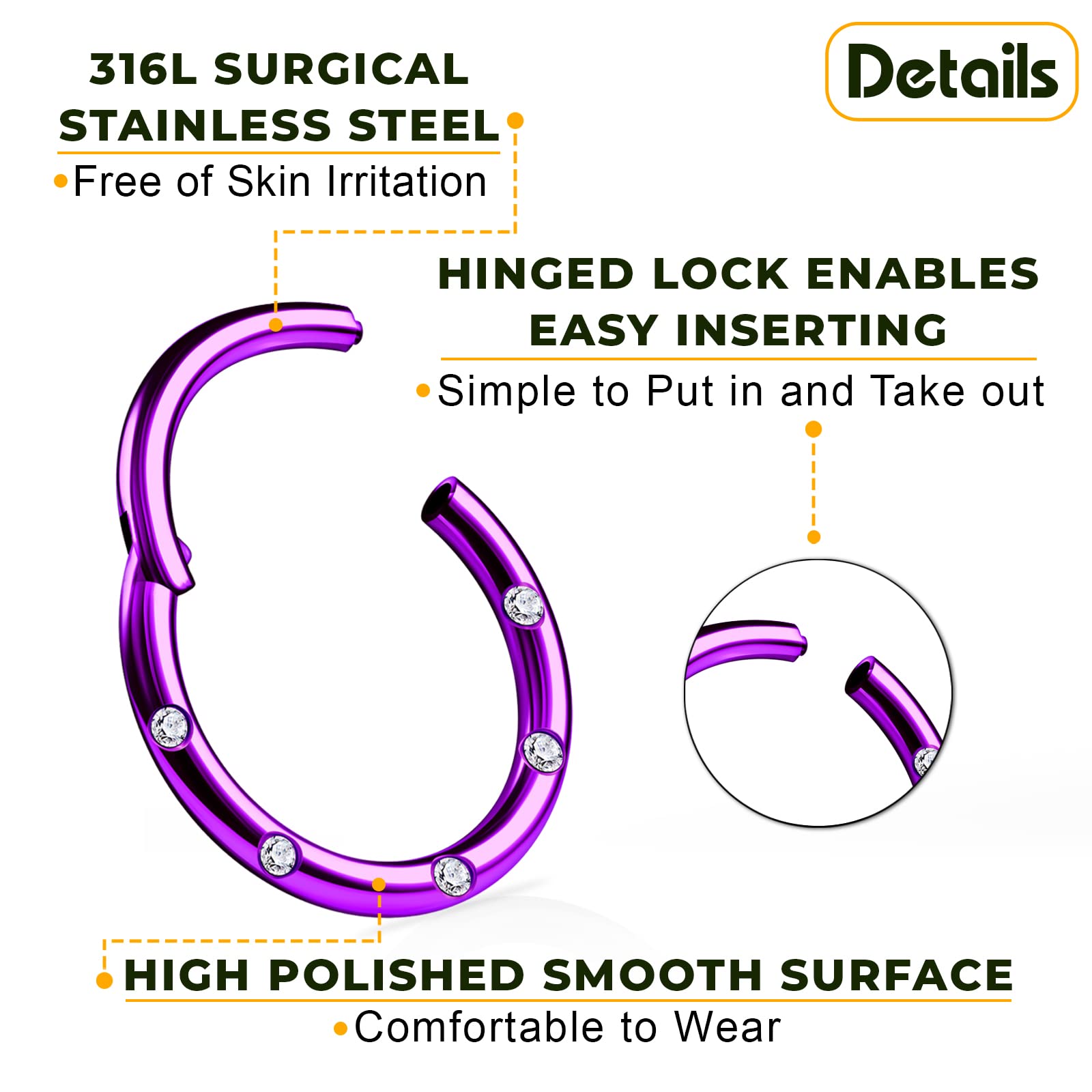 BIG GAUGES Pair of Purple Anodized 16gauges 1.2mm 6mm CZ Stones Hinged Segment Nose Hoop Ring Cartilage Septum Tragus Piercing BG7307