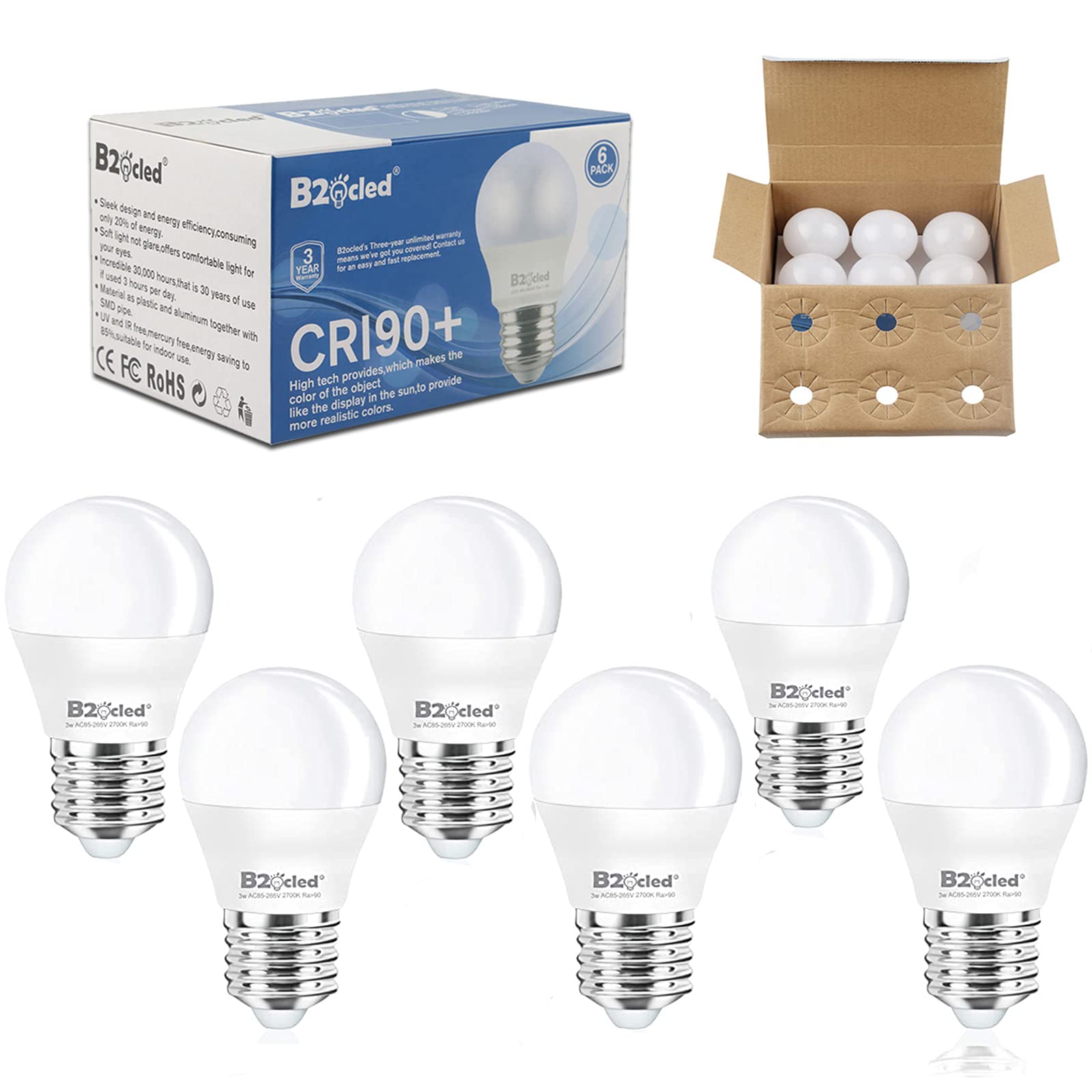 B2ocled Led Light Bulbs, 3W(25W Equivalent), Soft White 2700K, A15 Golf Ball Shape, E26/E27 Based Standard Replacement, 240 Lumens, CRI 90+, 6-Pack