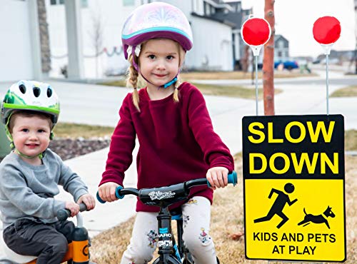 CORQUE Kids at Play Safety Signs for Street, Slow Down & Caution Warning - 2 Pack Double Sided with High Visibility Reflectors & Adjustable Metal Stakes Set - Children Playing Yard Road Visual Signal