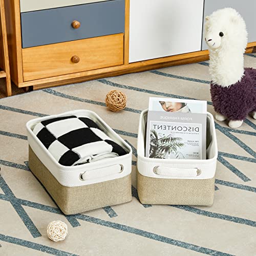 DULLEMELO Set of 6 Fabric Storage Baskets Bins for Organizing, Small Storage Baskets for Shelves, Closets, Nursery, Home, Office, Empty Gift Baskets (White&Khaki-Cloth Handles)