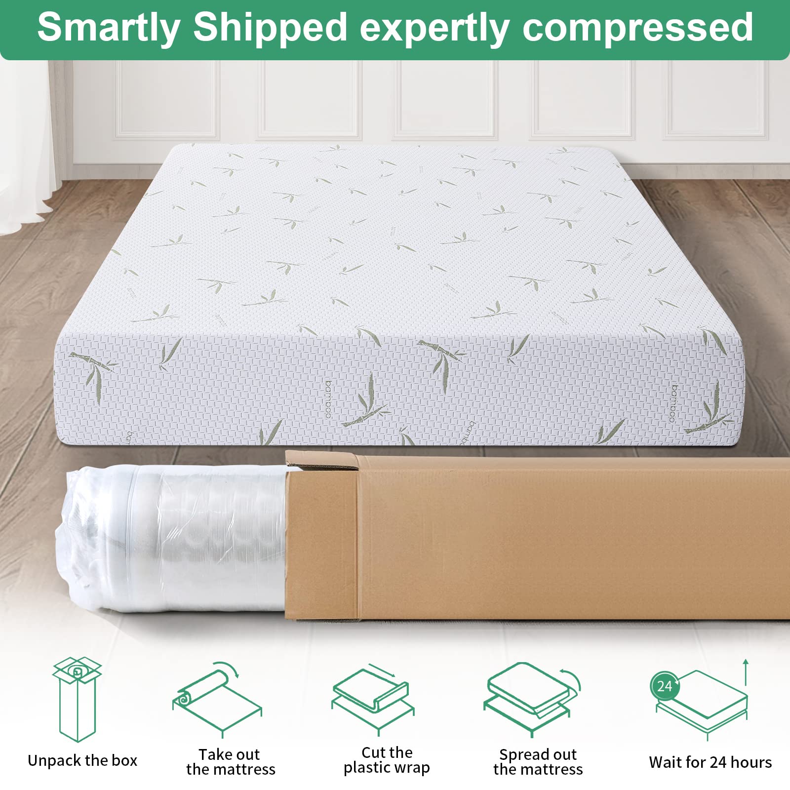 MUUEGM Full Mattress,8 Inch Cooling Gel Green Tea Memory Foam Mattress with Bamboo Cover,Full Size Mattress in a Box,Medium Firm Mattress,CertiPUR-US Certified
