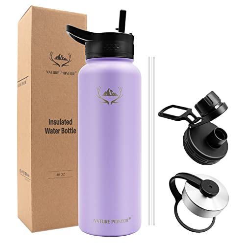 NATURE PIONEOR Insulated Water Bottles with Paracord Handle - 24/32/40/64 oz Vacuum Sports Wide Mouth Water Bottle with 3 Lids, Leak Proof Stainless Steel Keeps Hot and Cold