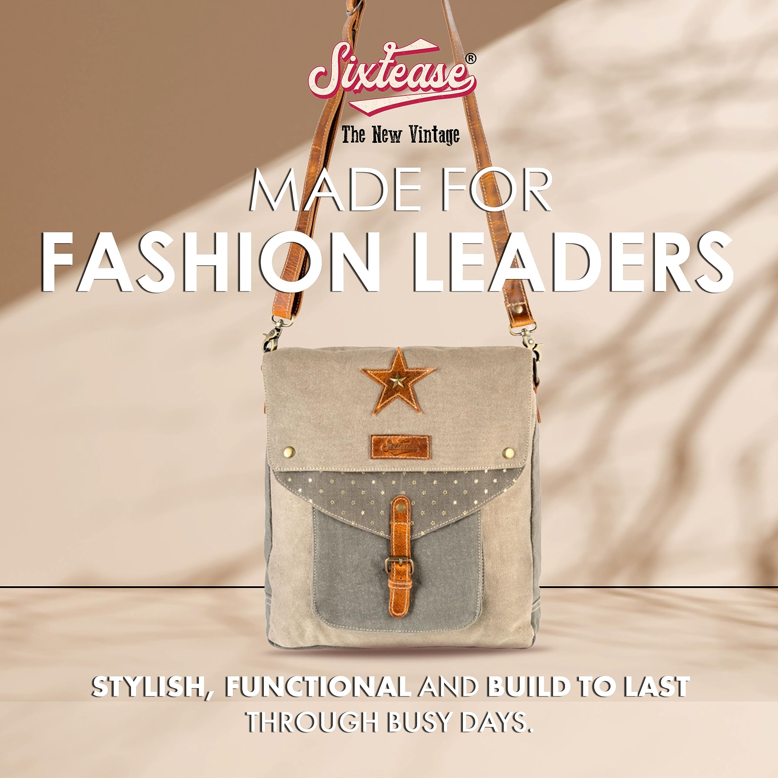 SIXTEASE Womens Shoulder Bag Vintage Style Shoulder Bags for Women - Made with Genuine Leather, Upcycled Canvas, or Hair On - Handmade, Adjustable Strap, Brass and Zinc Hardware - Miranda