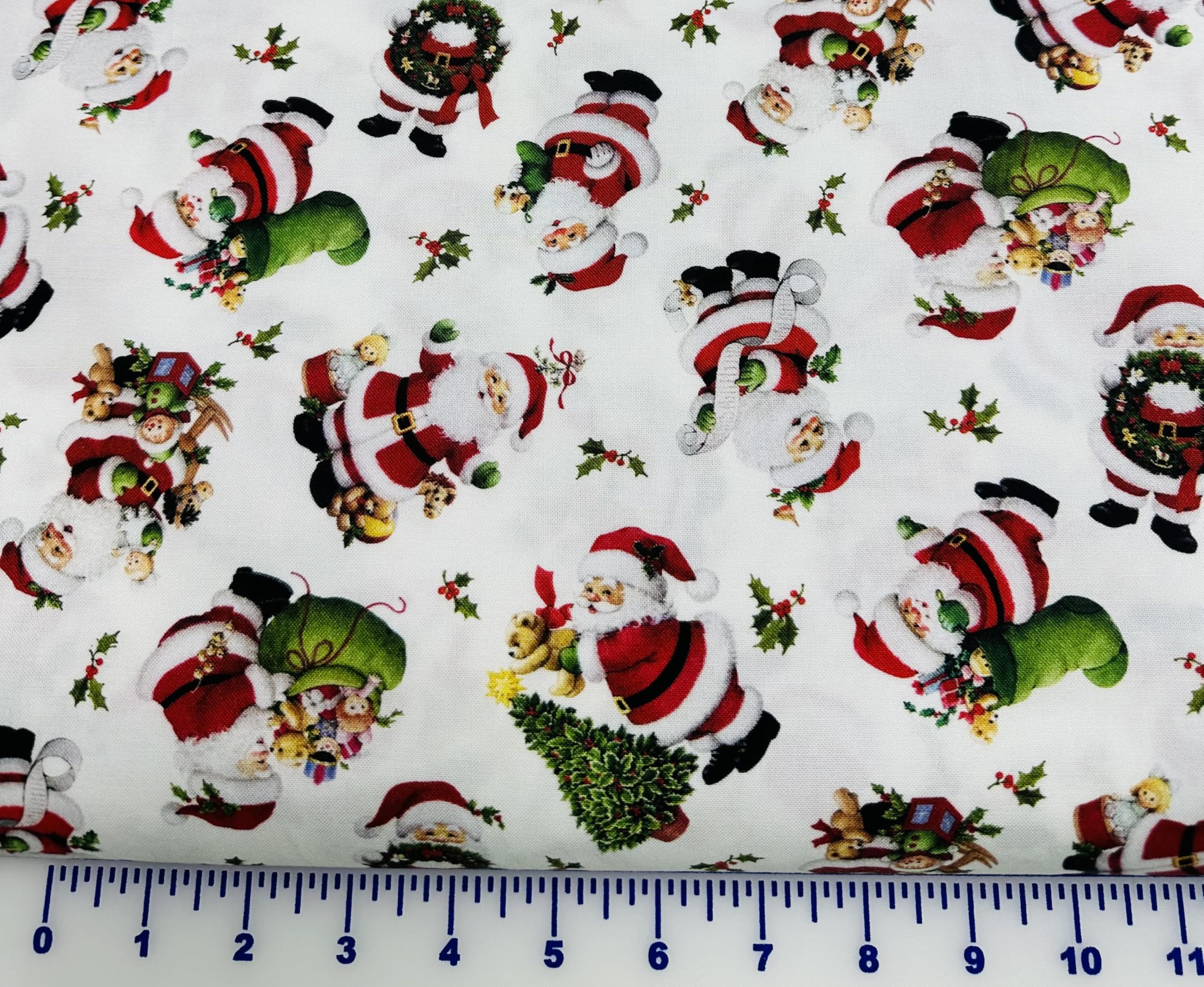 Cotton Fabric Tossed Santas and Christmas Trees 4130WHITE Christmas Fabric by The Yard