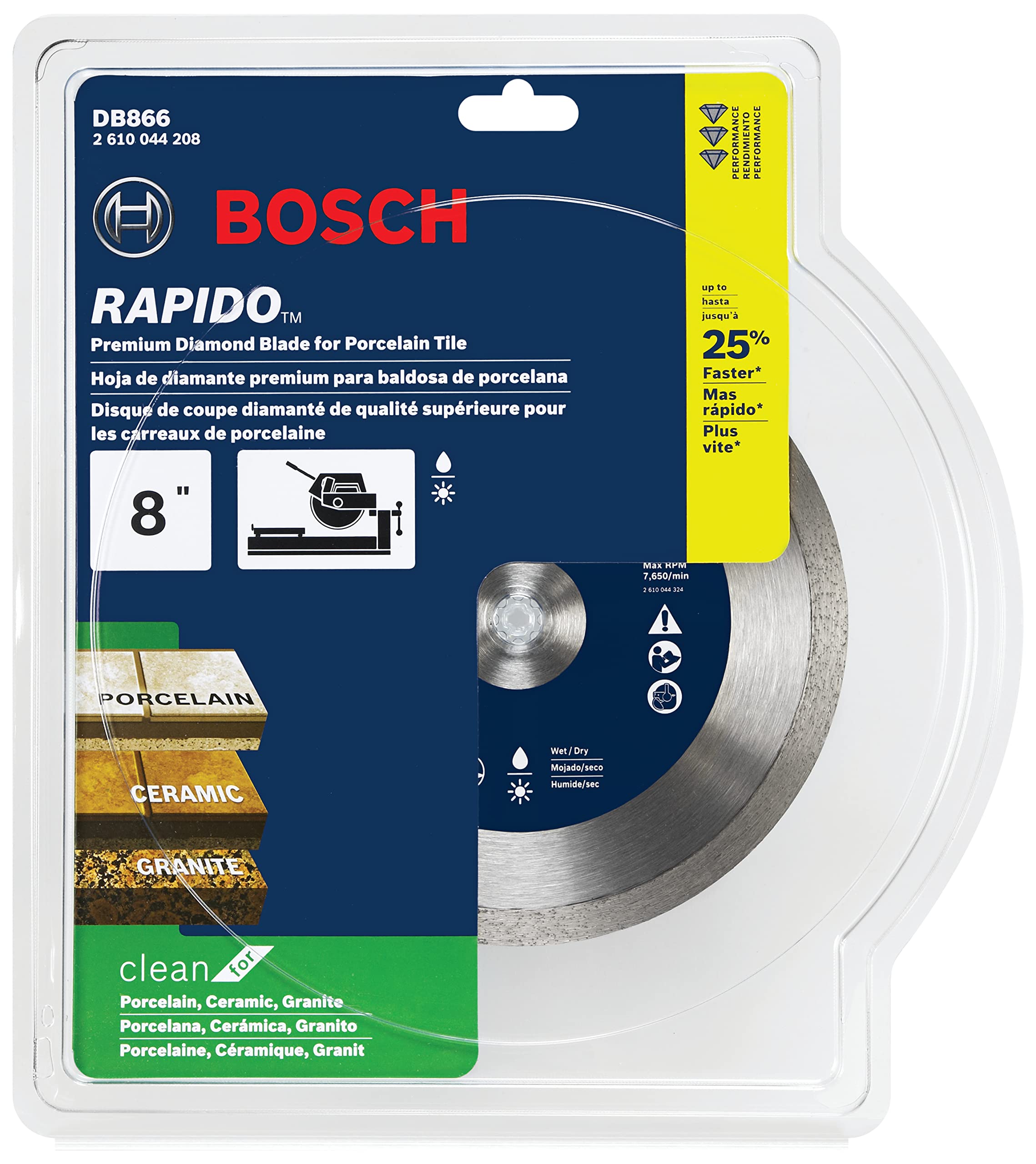 BOSCH DB866 8 In. Rapido Premium Continuous Rim Diamond Blade with 5/8 In. Arbor for Clean Cut Wet/Dry Cutting Applications in Porcelain, Ceramic, Granite