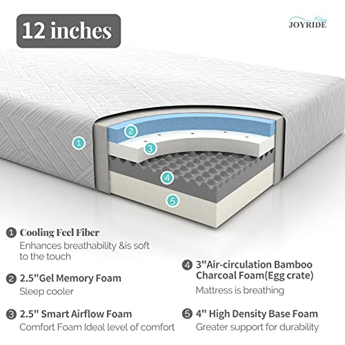 JOYRIDE SLEEP Memory Foam Mattress,12 Inch,Infused Bamboo Charcoal,Cooling Gel Infused, Medium Firm,Pressure Relief,Bed in a Box (King Size)