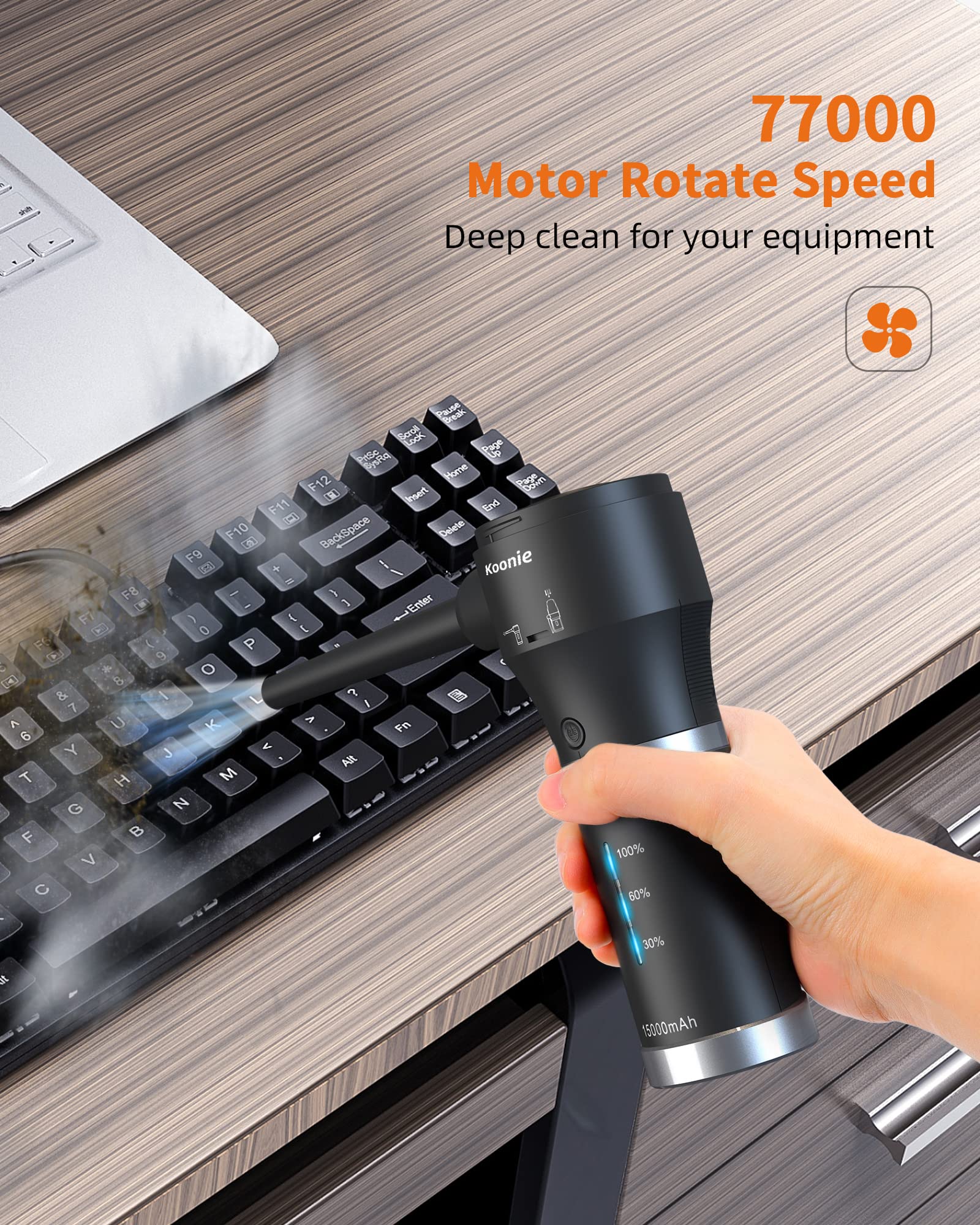 Compressed Air Duster, Koonie 15000mAh Cordless Air Duster & Vacuum 2 in 1 Powerful 77000RPM/11000PA 2 Speeds Electric Air Duster with Detachable Battery, for Computer/Keyboard, Car, Electronics