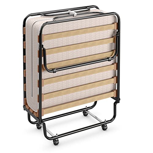KOMFOTT Folding Rollaway Bed with Mattress, Foldable Bed with Memory Foam Mattress for Adults, Portable Fold Up Guest Bed with Sturdy Steel Frame on Wheels for Home & Office, Made in Italy (Beige)