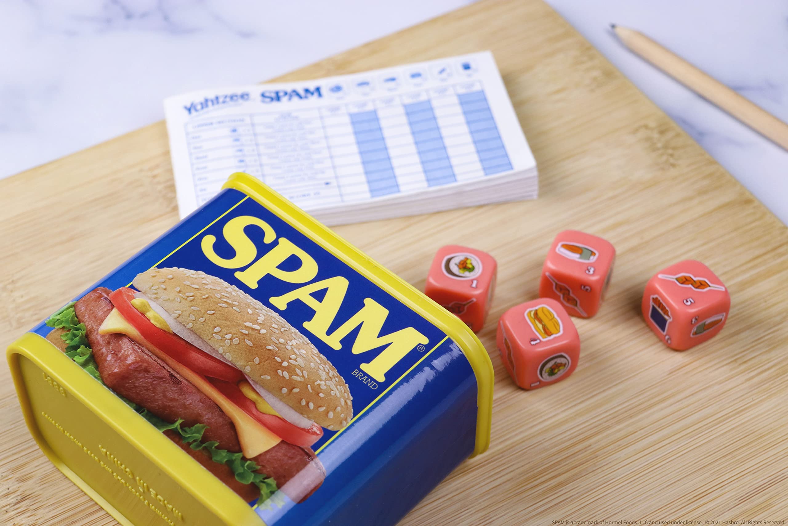YAHTZEE Spam Brand | Collectible Yahtzee Game as Iconic Spam Can with Custom Dice | Dice Featuring Fried Spam, Spam Musubi, Spam Fries | Travel Yahtzee Game & Dice Game