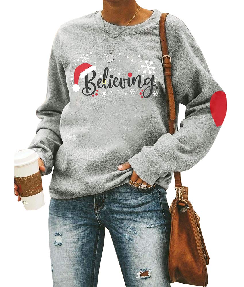 BLANCHES Christmas Sweatshirts for Women Believe Sweatshirt Funny Reindeer Snowman Xmas Holiday Long Sleeves Pullover Tops Grey