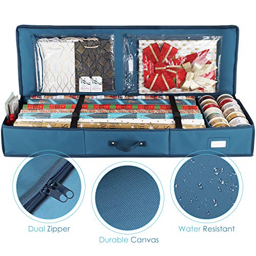 Hearth & Harbor Wrapping Paper Storage Container - Christmas Storage Bag with Interior Pockets - Gift Wrapping Organizer Storage Fits Up to 22 Rolls of 40" - Tear Proof Wrapping Paper Organizer