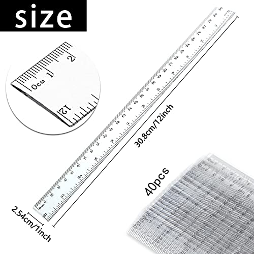 Koogel 40 PCS Clear Rulers,Plastic Rulers 12 Inch Bulk for Classroom Straight Rulers with Centimeters and Inches for Kids,School,Office,Home