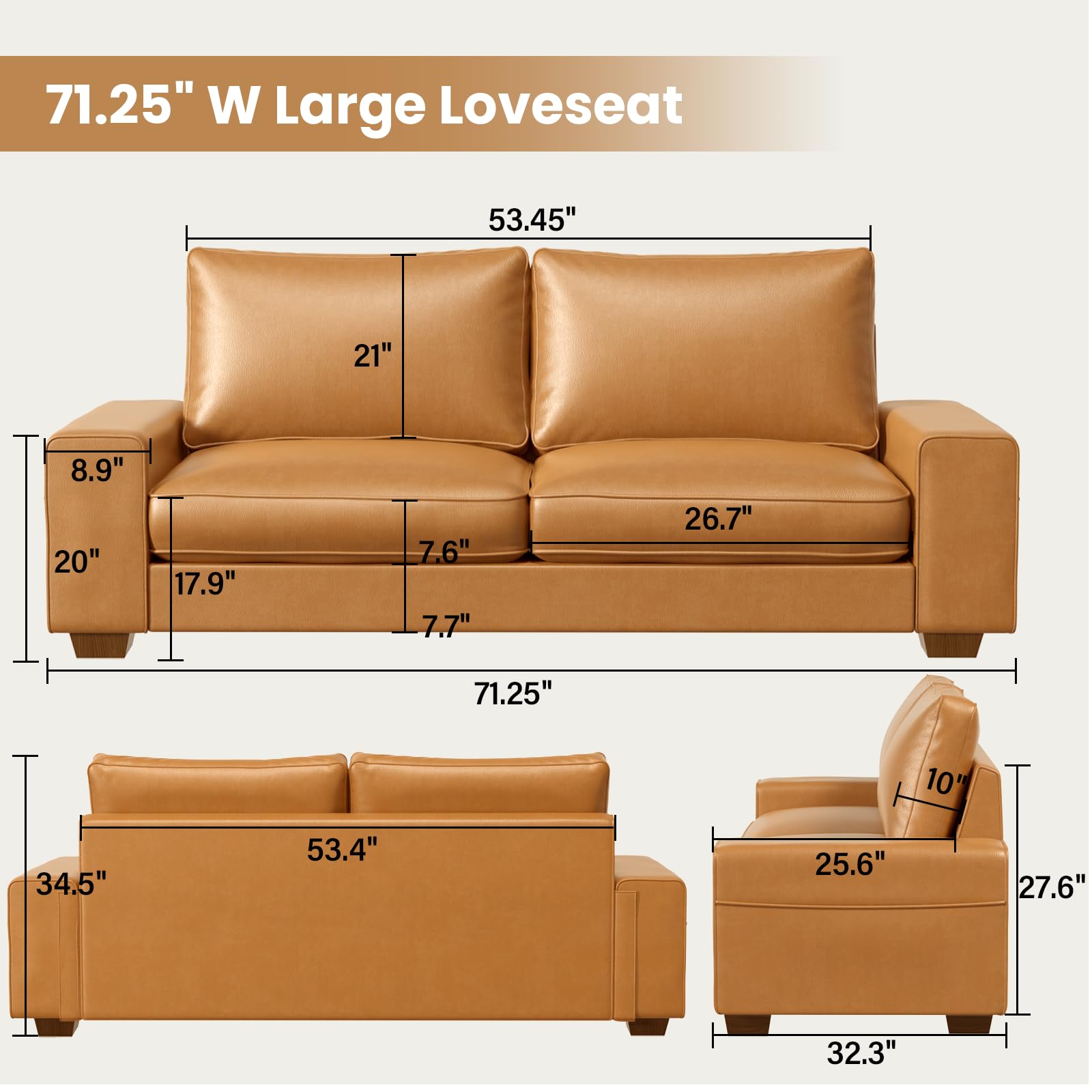 COUCHOICE Modern Faux Leather Sofa Couch,Loveseat Sofa,Small Sofa,with Spring Cushions and Solid Wood Frame,Removable Sofa Cover,Suitable for Living Rooms,Offices,Apartments(88.58inch,Brown)