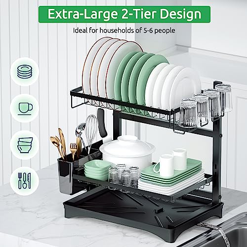 KOOTETA Dish Drying Rack, 2-Tier Dish Rack for Kitchen Counter, Space Saving Kitchen Drying Rack, Dish Dryer Rack with Drainboard, Utensil Holder and Cup Holders, Black