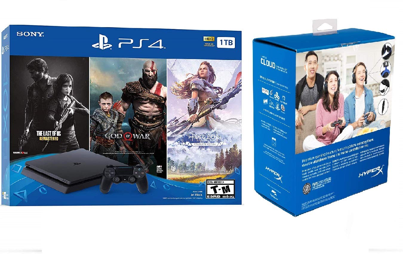 PlayStation 4 Slim 1TB Console + HyperX Cloud Licensed Gaming Noise Cancelling Headset Headphones + 3 Games (God of War, The Last of US, Horizon Zero Dawn) Bundle