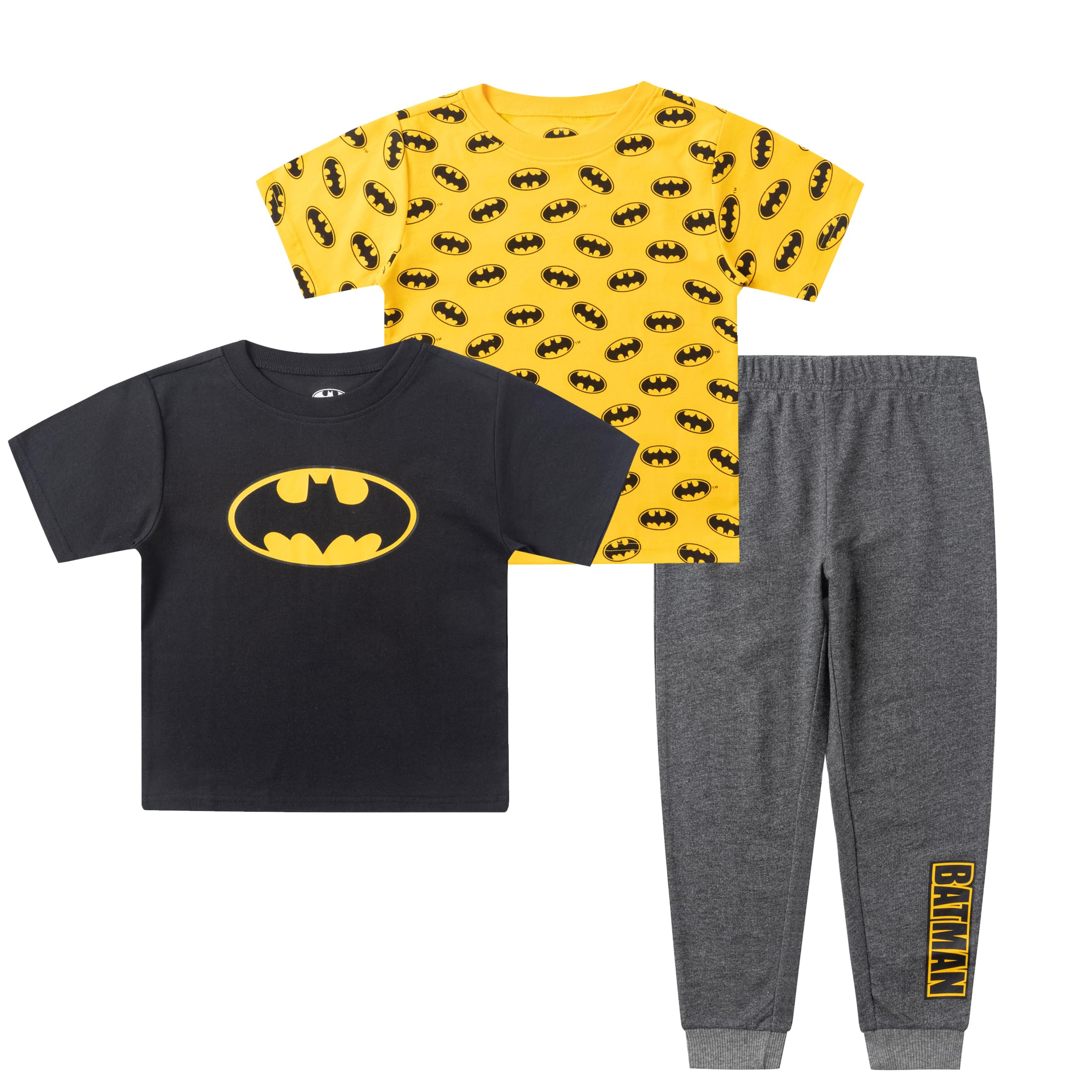BATMAN Boys’ T-Shirt and Jogger Pants Set for Toddler and Little Kids – Yellow/Black/Grey