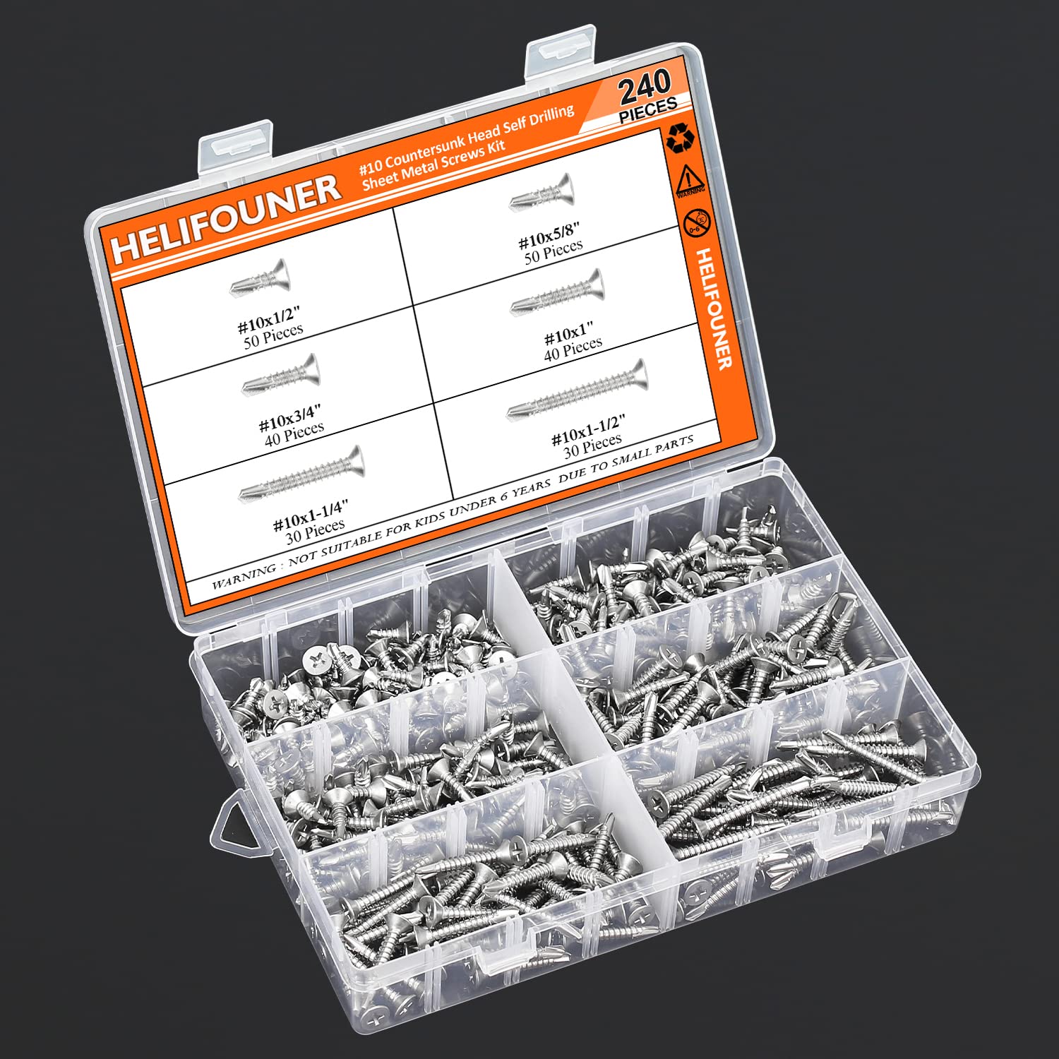 HELIFOUNER #10 x1/2", 5/8", 3/4", 1", 1-1/4", 1-1/2" Self Drilling Screws Sheet Metal Screws Assortment Kit, 410 Stainless Steel (#10 Countersunk Head)