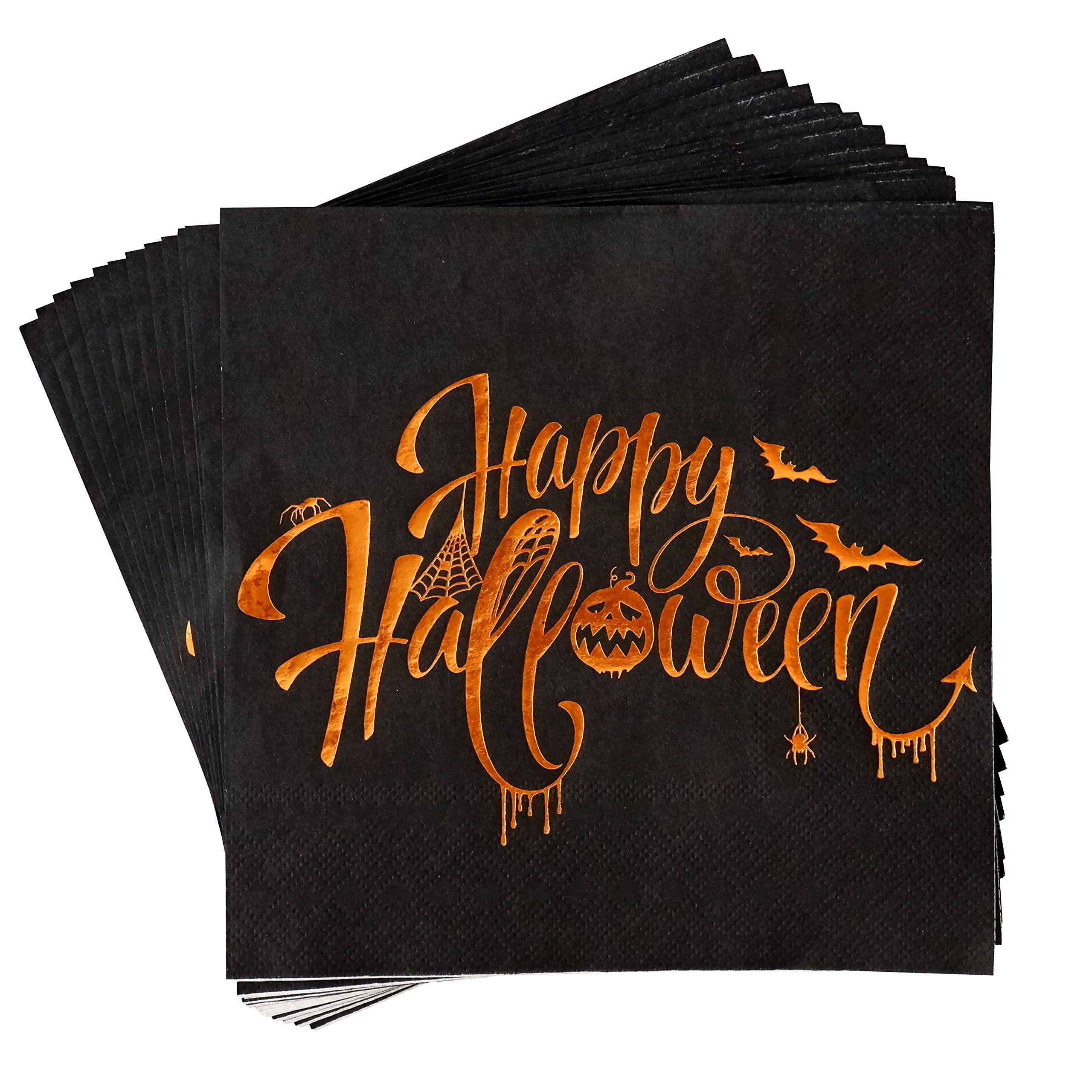 Halloween Party Napkins - 100 Pack Happy Halloween Disposable Black Paper Napkins with Orange Gold Foil - 6.5" x 6.5" for Halloween Decoration and Halloween Party Events