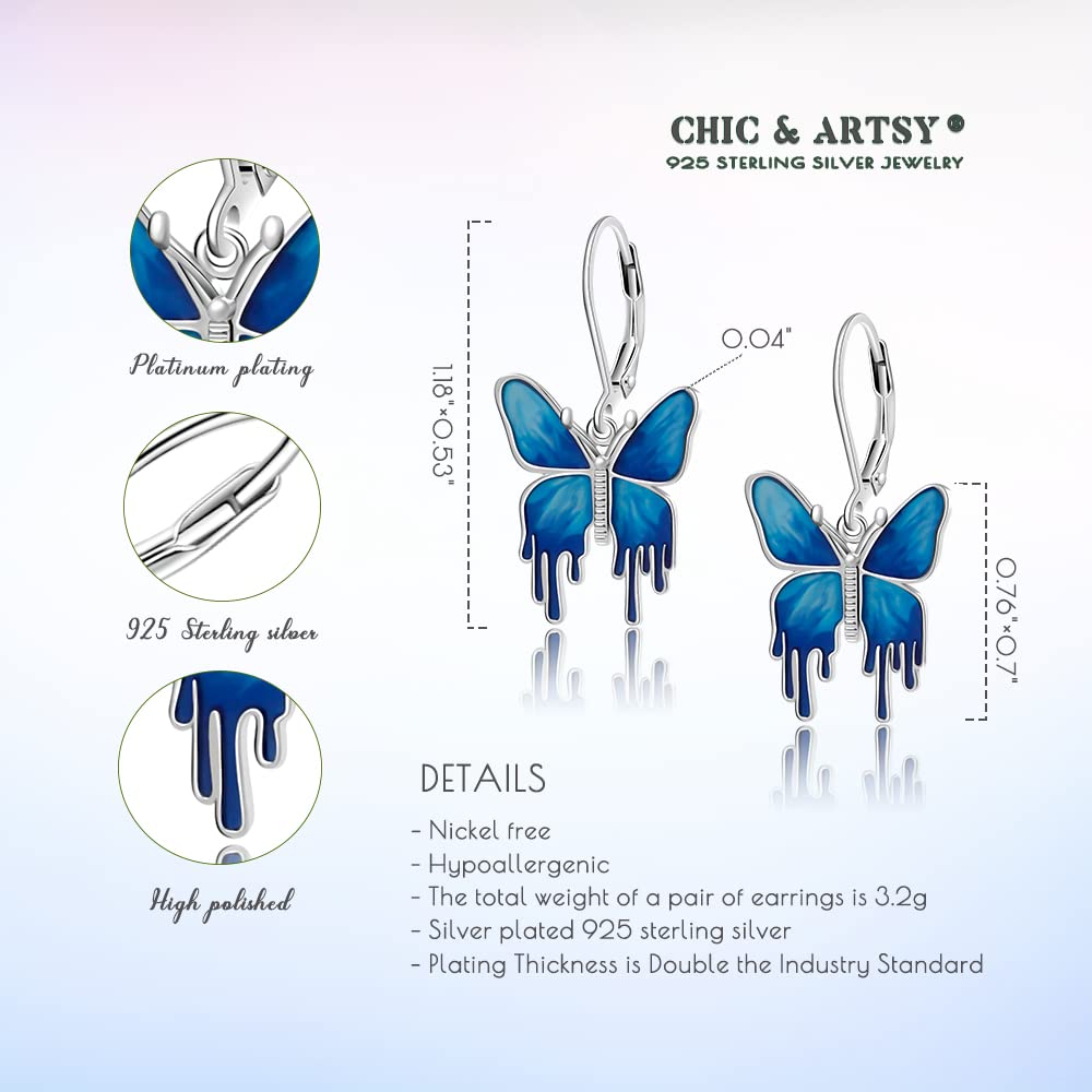 Butterfly Earrings 925 Sterling Silver Blue Butterfly Wing Earrings Dangling Butterfly Enamel Earrings Hanging Butterfly Dangle Drop Earrings for Women