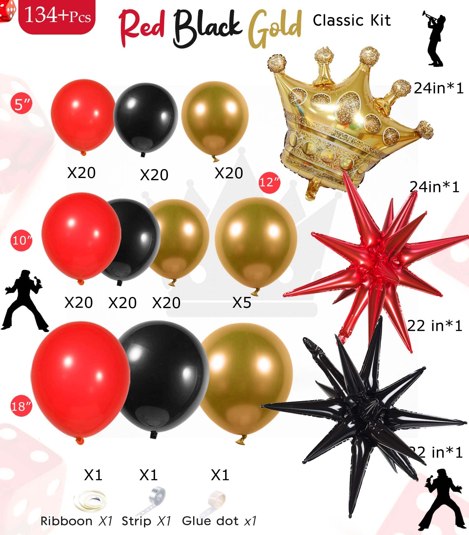 Black and Red Gold Balloon Garland kit 135Pcs Latex Chrome gold and Crown star balloons for Birthday Party anniversary 2023 graduation prom day Decorations