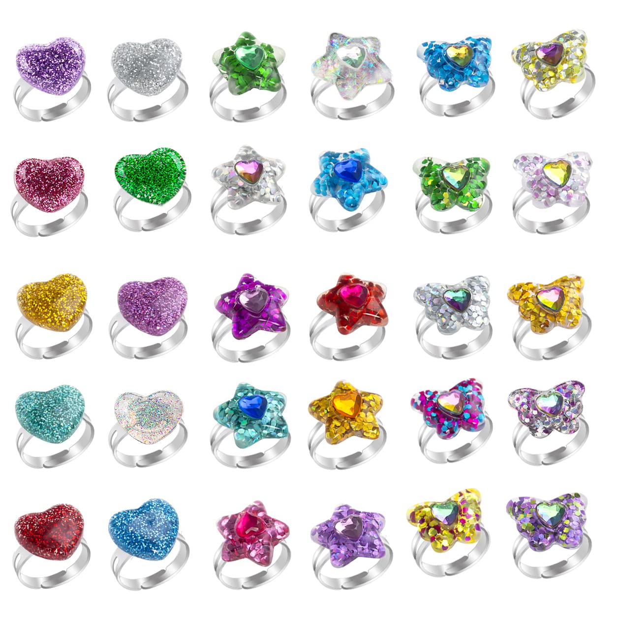 SkyWiseWin Childrens Pretend Play Jewelry Rings 30 PCS Jewelry Adjustable Ring and Festival Dress Up Flash Rhinestone Heart Rings for Kids