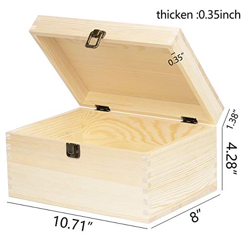 Extra Large Rectangle Unfinished Pine Wood Box Natural DIY Craft Stash Boxes with Hinged Lid and Front Clasp for Arts Hobbies and Home Storage-10.71x8x5.66 Inches