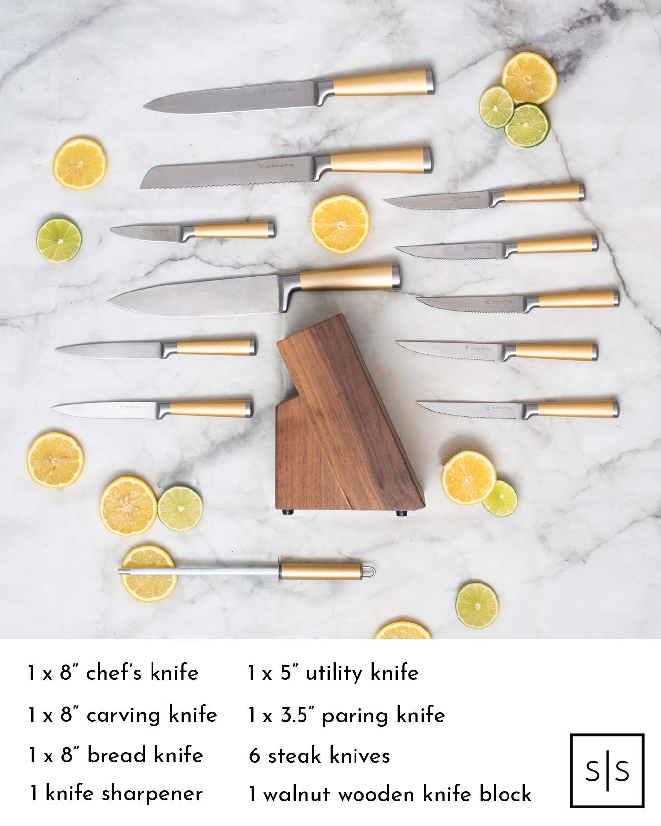 Gold Knife Set with Walnut Knife Block, 13-piece Kitchen Knives Stainless Steel Gold Knives Set, Full Tang, Knives Gold - Gold Kitchen Accessories