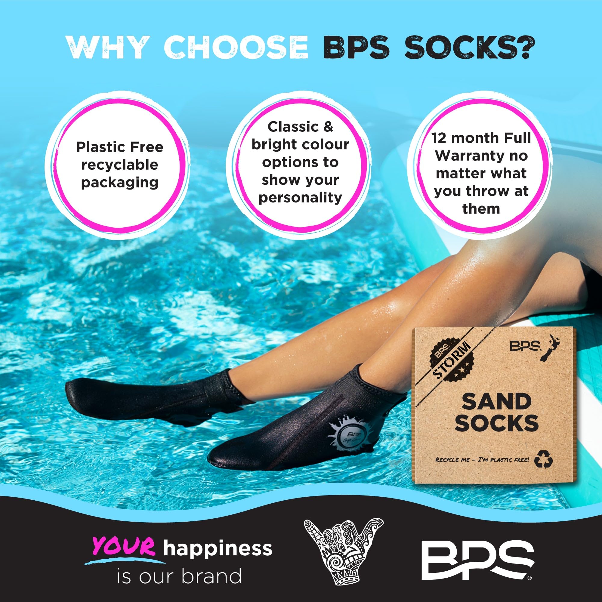 BPS - 'SOFT SKIN' Neoprene Water Socks (Low Cut) - Black w/Lilac Grey Logo - L