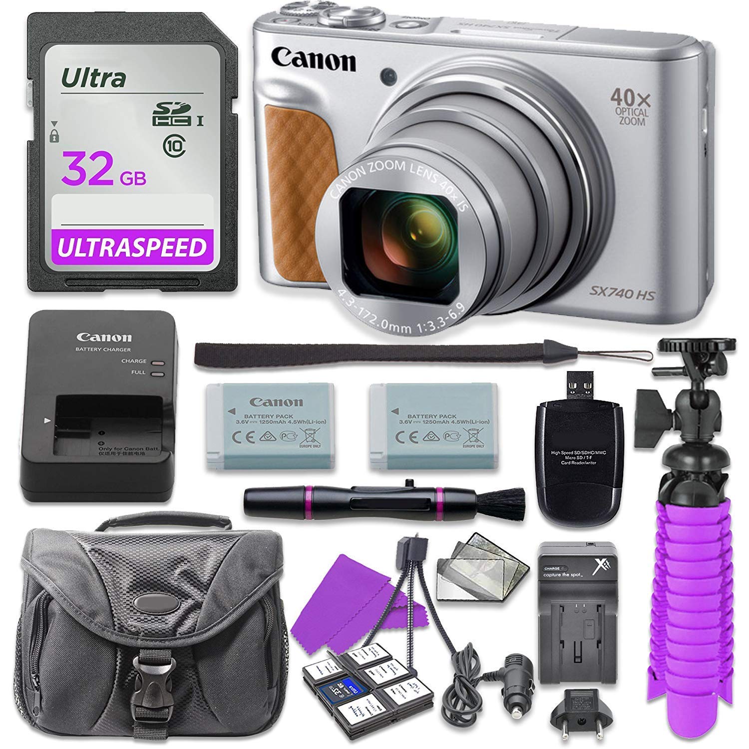 Canon PowerShot SX740 HS Digital Camera (Silver) with 32GB SD Memory Card + Accessory Bundle (Renewed)