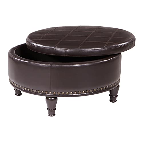 OSP Home Furnishings Augusta Round Storage Ottoman with Decorative Nailheads and Flip Over Lid with Serving Tray Surface, Espresso Faux Leather