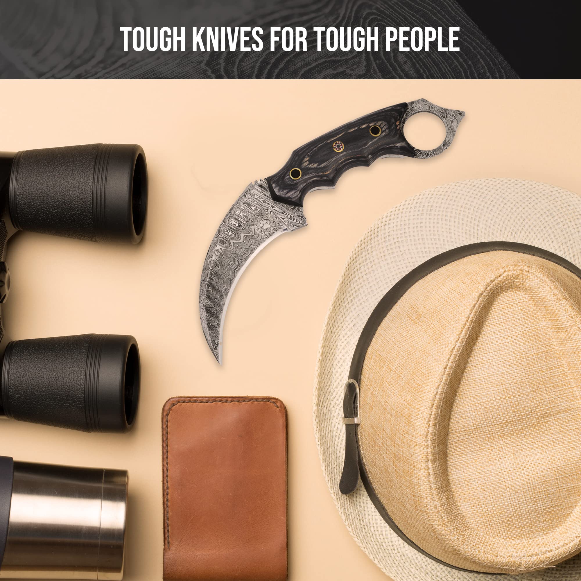BIGCAT ROAR 7.5″ Handmade Karambit Damascus Hunting Knife with Leather Sheath - Ideal for Skinning, Camping, Outdoor - Full Tang Fixed Blade Karambit Knife with Walnut Wood Handle - Desert Fox