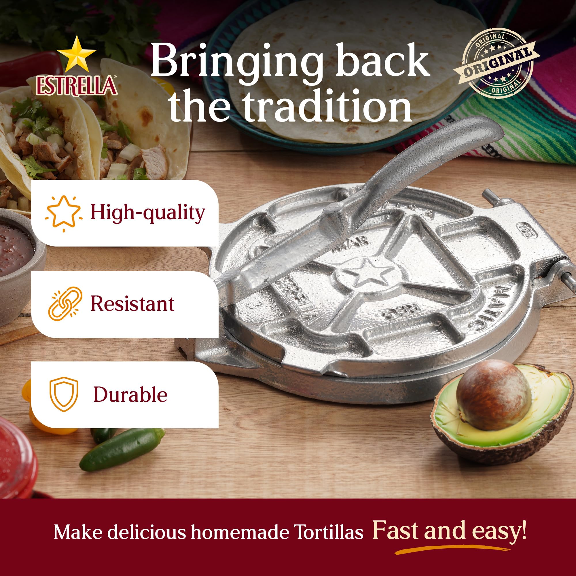 Estrella 7.5 inch Cast Iron Tortilla Press and Tostonera, Perfect for Mexican Food, Tortillas, Empanadas and Sopes, Silver Finish